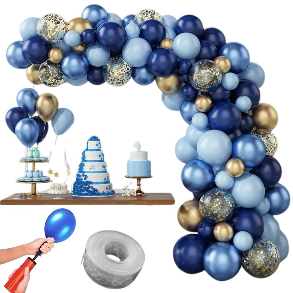 Kit Balões+Bomba Manual Azul Dourado Arco Desconstruido+Fita Arco ...