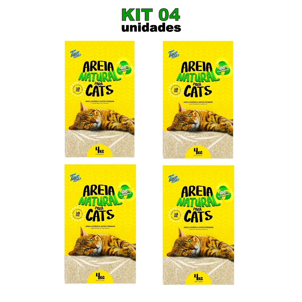 KIT COM 4 AREIA HIGIÊNICA NATURAL BIODEGRADÁVEL MILHO E MANDIOCA PARA GATOS TIGER CATS 4KG ...