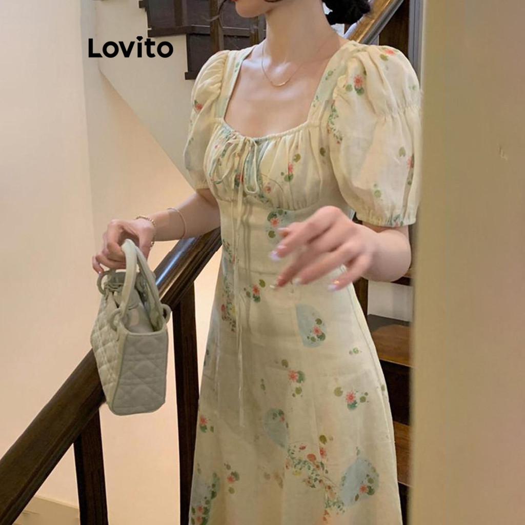 Lovito Elegante Vestido Feminino Com Amarra Frontal Estampa Ditsy