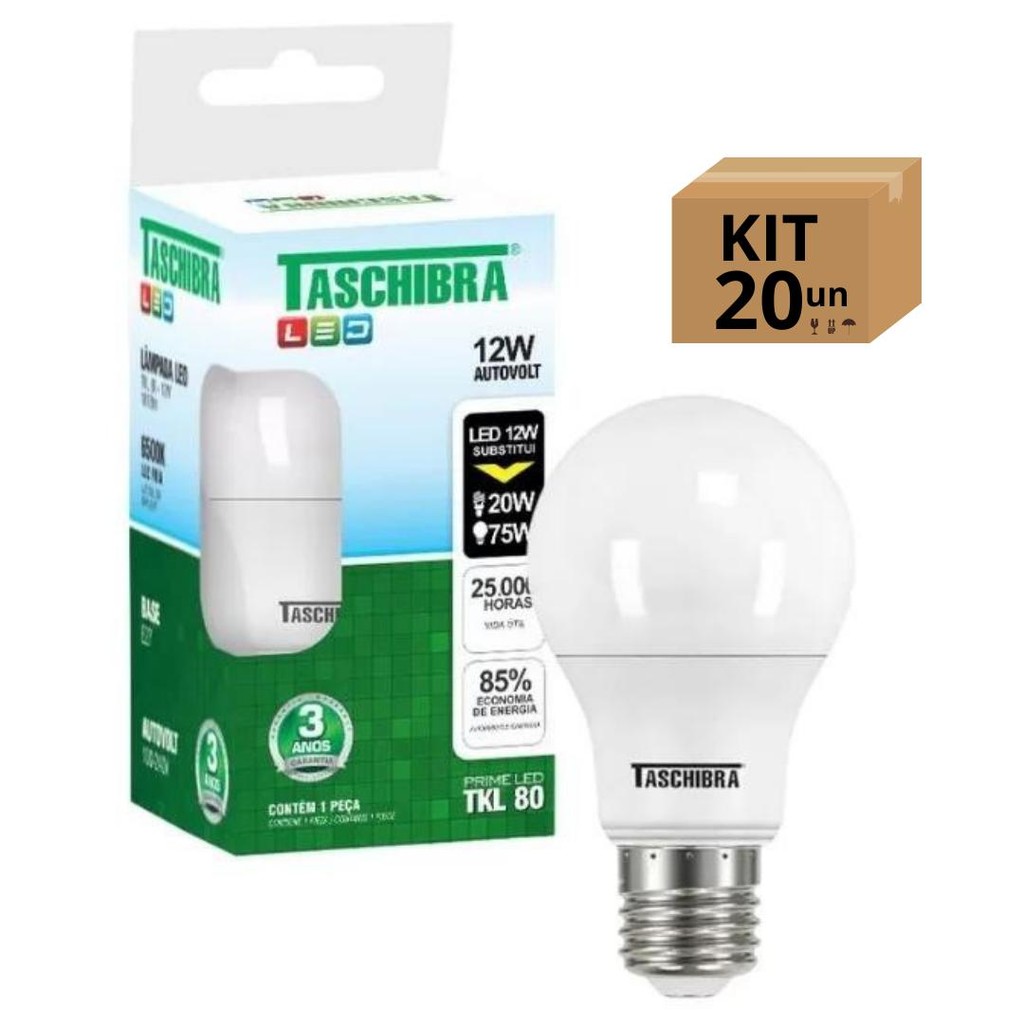 Kit 20 Lâmpadas Bulbo Led Taschibra TKL Bivolt E27 12W 6500k | Shopee Brasil