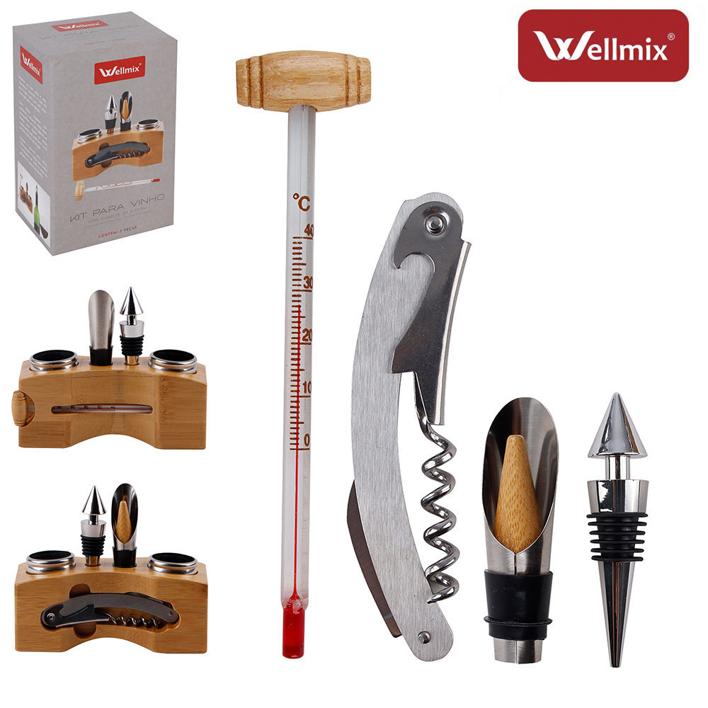 Kit para Vinho de Inox Com Saca Rolha + Anel Corta Gotas + Termometro ...