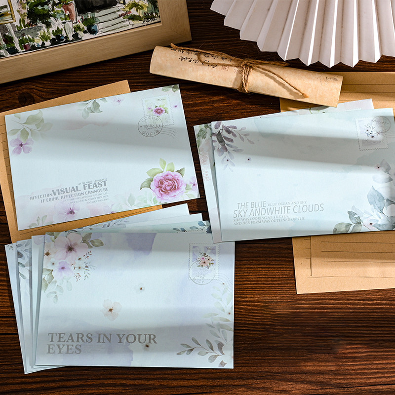 8 Peças Vintage Artístico Azul Sonho Flor Série Envelope Design ...