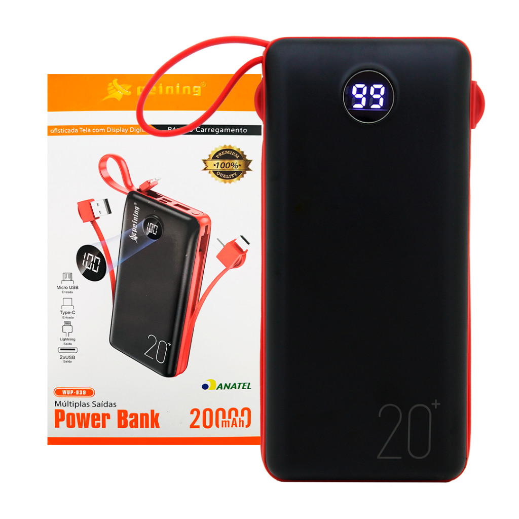 Carregador Portátil Power Bank Bateria Externa 20000mAh Universal Com Cabo V8 Lightning e Tipo C ...