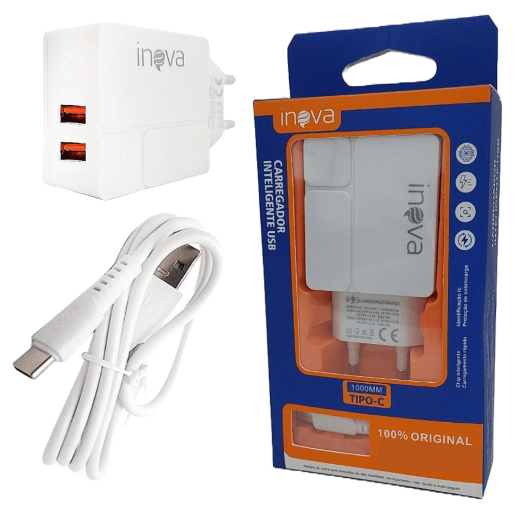 Kit 10 carregadores inova 3.1a tipo c - 2 entradas usb | Shopee Brasil