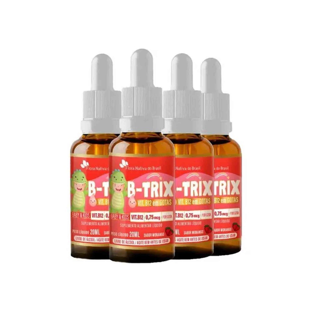 Kit 4x B-TRIX Vitamina B12 Infantil 4x20ml Morango Flora Nativa ...