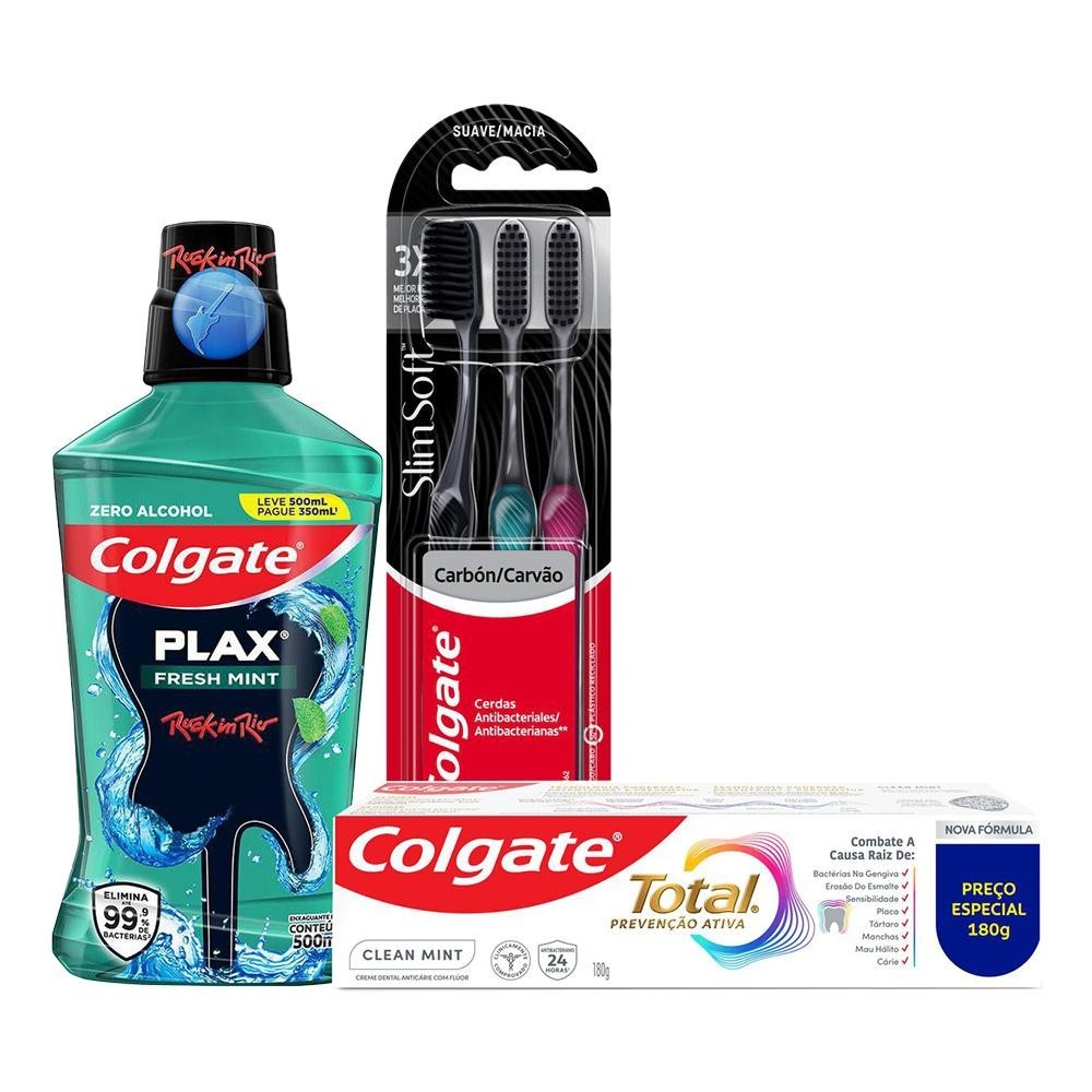 Kit 3 Escovas Colgate Slim Soft Black + Creme Dental Total Clean Mint ...