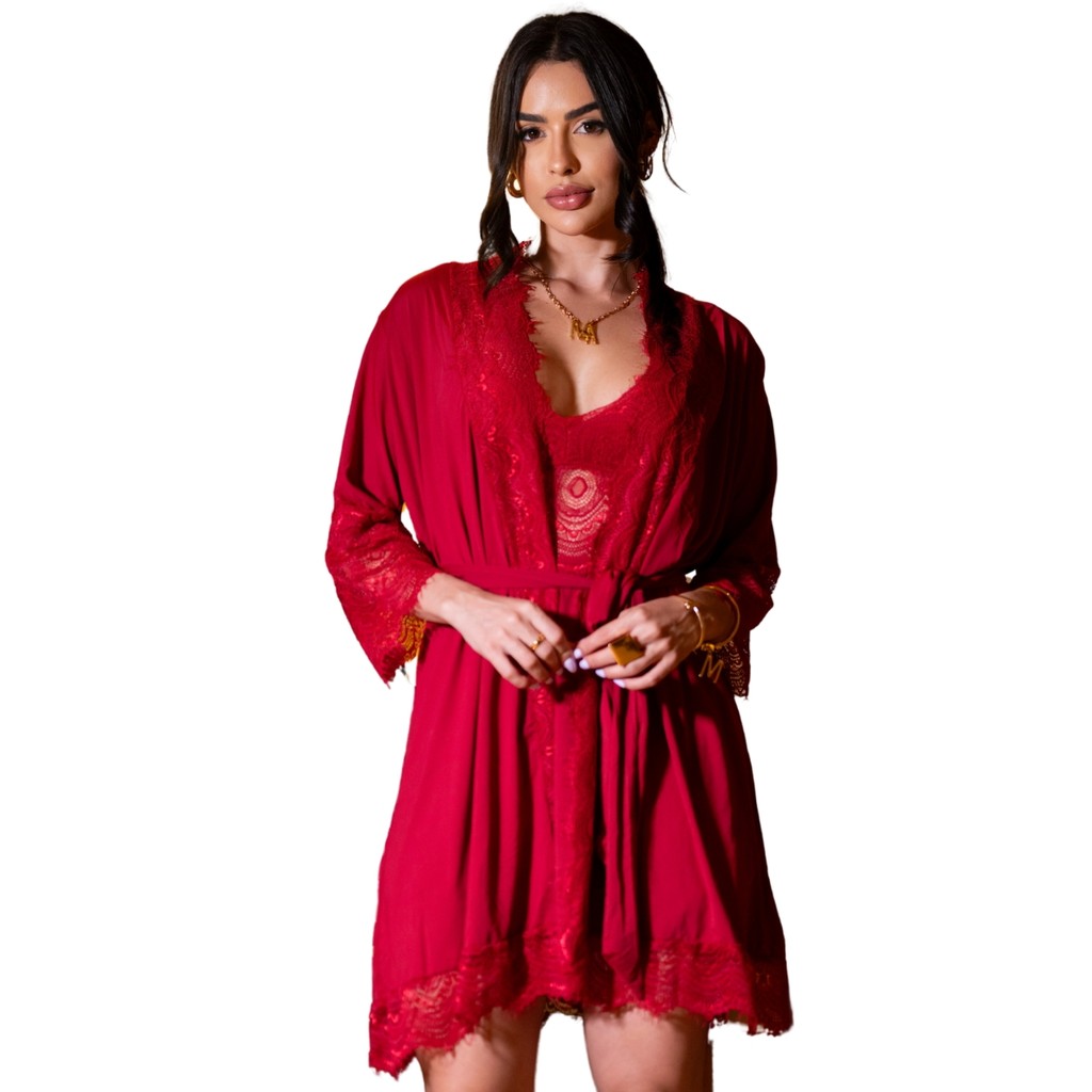 Robe Renda Sensual Luxo Amarração Roupão Noite Confortável | Shopee Brasil
