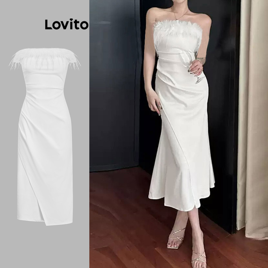 B101-SET24-C-3-Vestido com ombro a ombro e gola de pele-DRB101AD221 ...