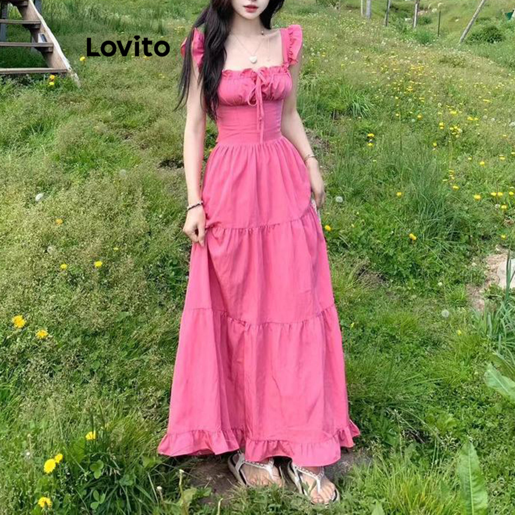 Lovito Vestido Casual Feminino Com Babados E Cordão Lne68477 Shopee