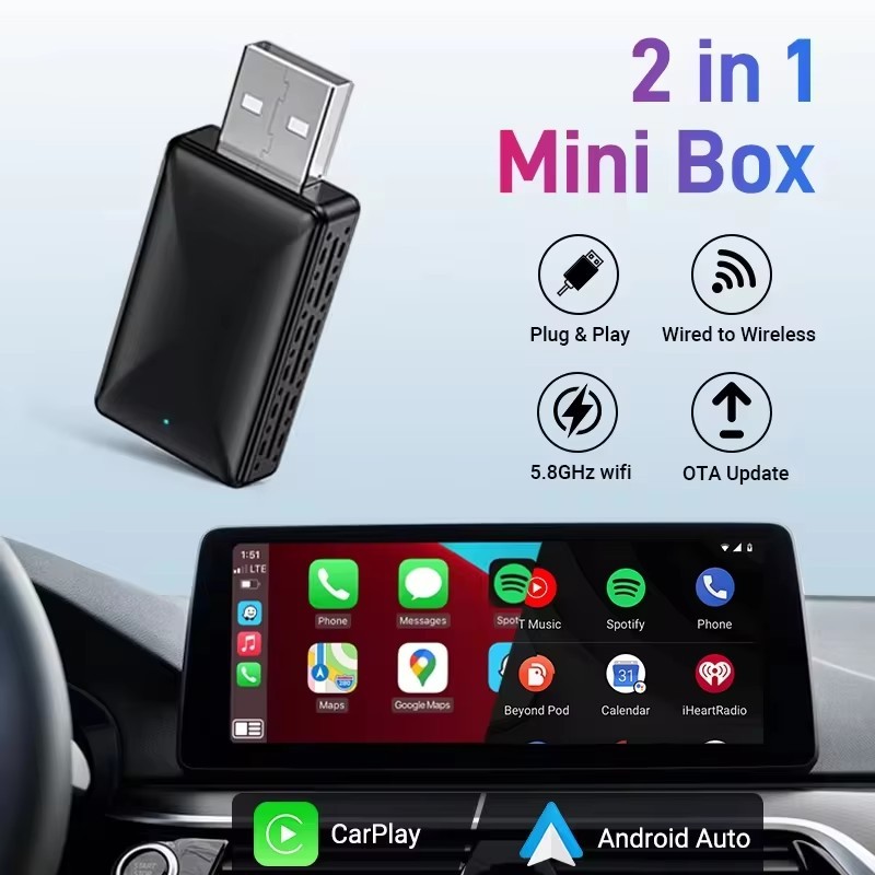 CarPlay Sem Fio Android Adaptador Automático 2 Em 1 Mini Caixa Plug & Play AI Box BT WiFi Para ...