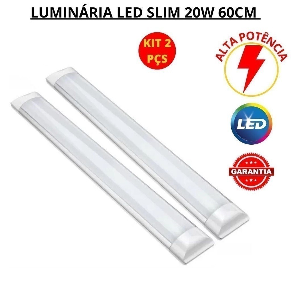 KIT 2 LÂMPADA LED LUMINÁRIA SLIM 60CM 18W 20W BRANCA 6500K | Shopee Brasil