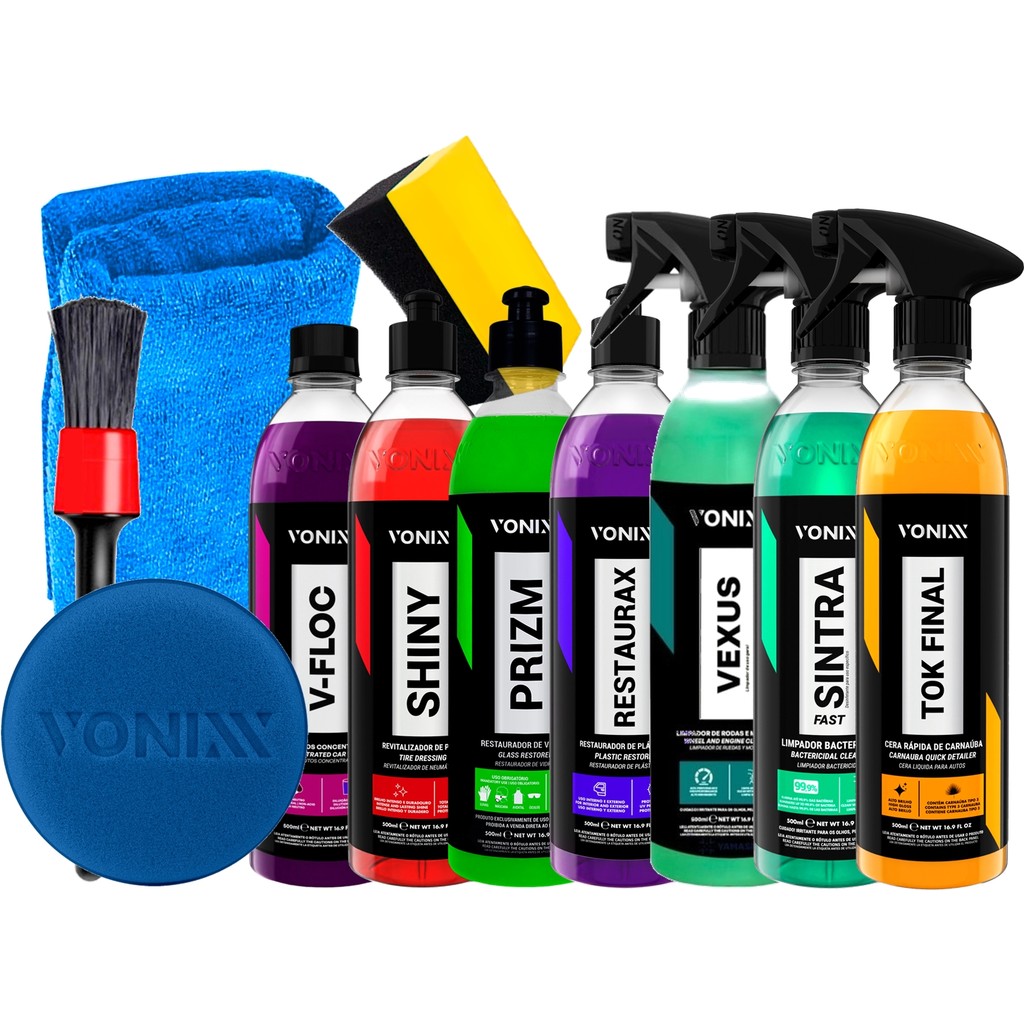 Kit Completo Lavagem e Estética Automotiva Vonixx V-Floc Shiny Prizm Restaurax Vexus Sintra Tok ...