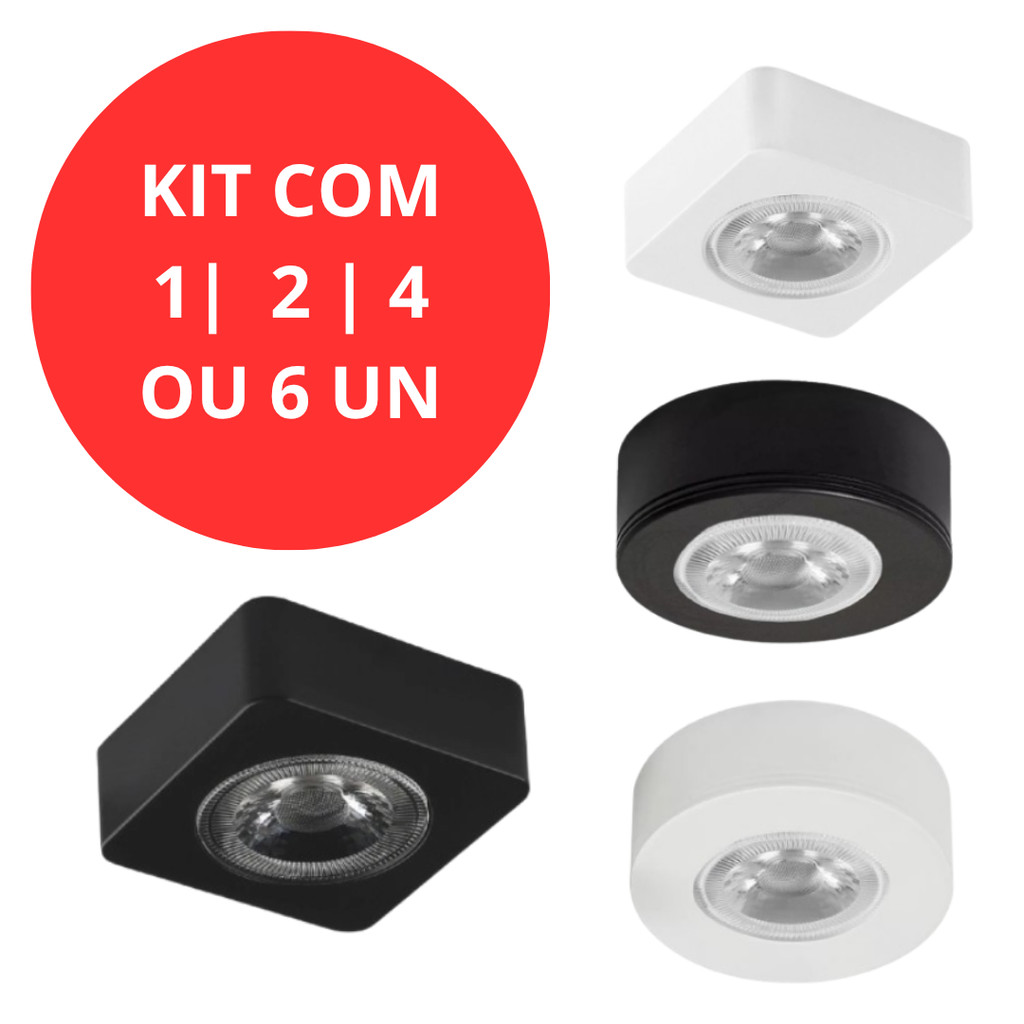 Spot Mini de LED Sobrepor 3w 3000K Quente Redondo ou Quadrado Preto ...