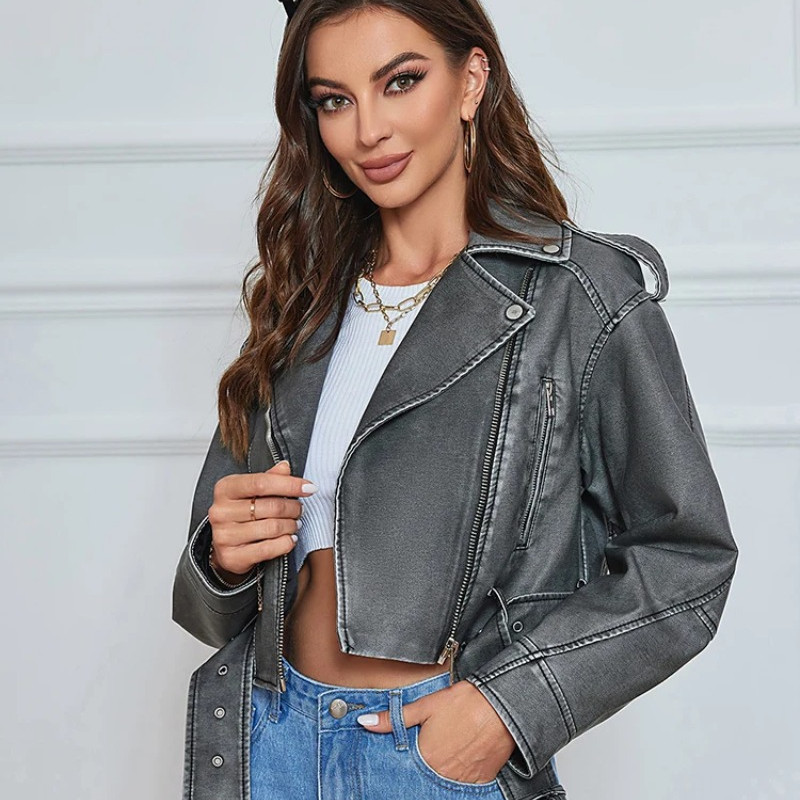 Moda Feminina Vintage Coreano Solto Casual Curto Jaqueta De Couro Falso Outono Inverno Lapela ...