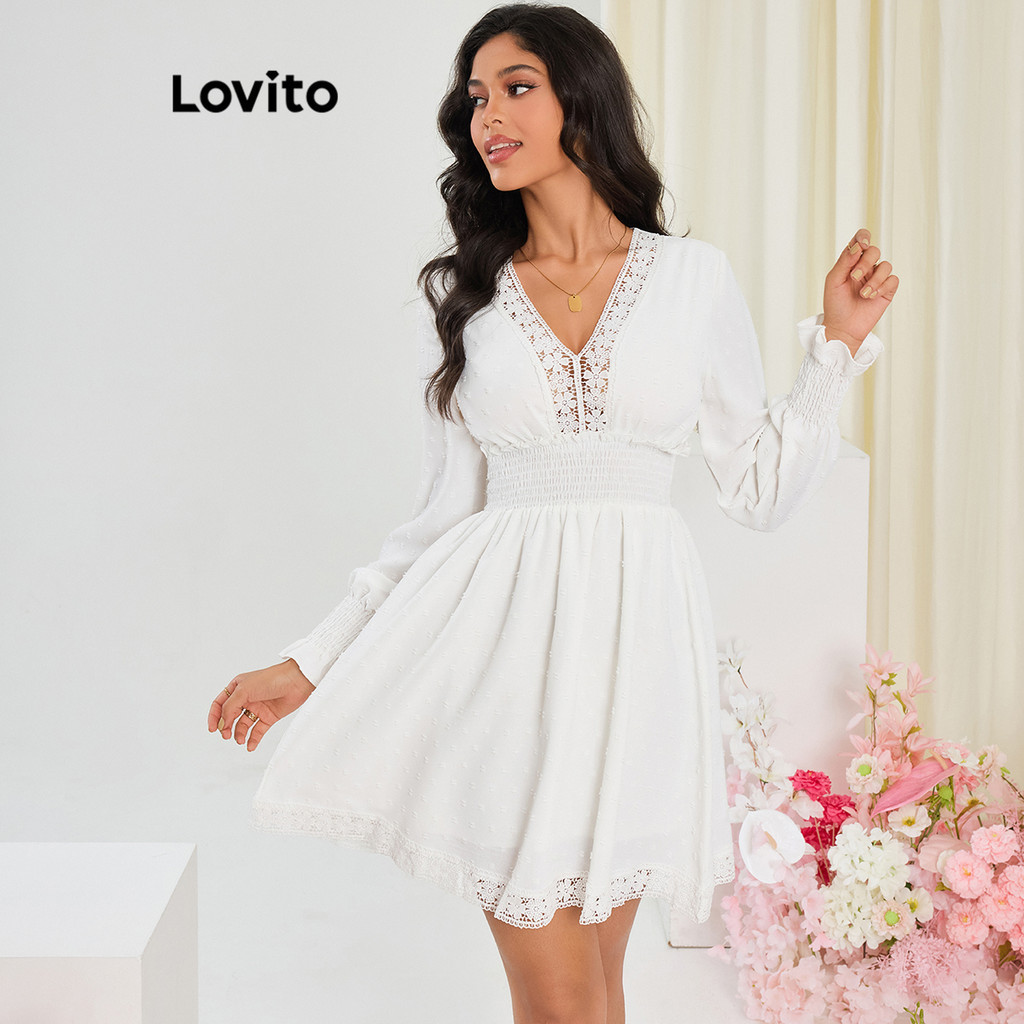 Lovito Vestido romântico liso com babado de renda e decote para ...
