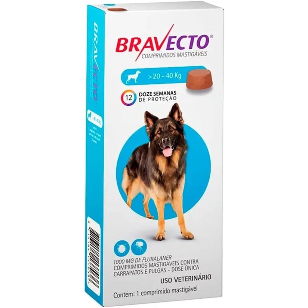 Anti Pulgas e Carrapatos Bravecto 1000 Mg 20 a 40 Kg Bravecto | Shopee Brasil