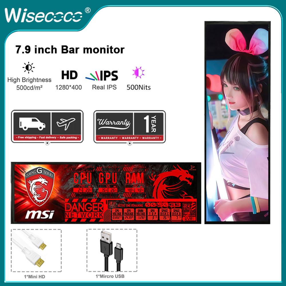 Wisecoco 7.9 Polegada 1280x400 IPS Tela Portátil Secundária Mini Monitor Para PC Desktop Laptop ...