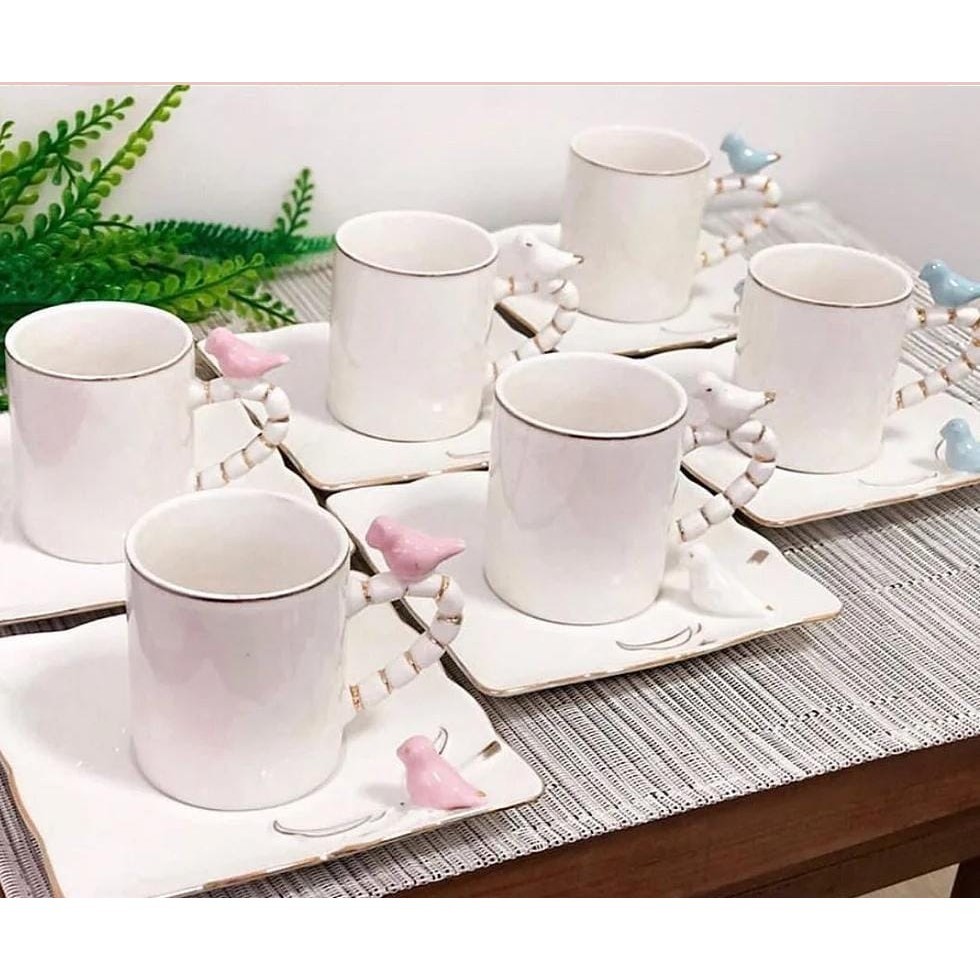 Conjunto de 6 Xícaras de Café com Pires Luxo Porcelana da Linha Birds Round Plate da Wolff 100ml ...