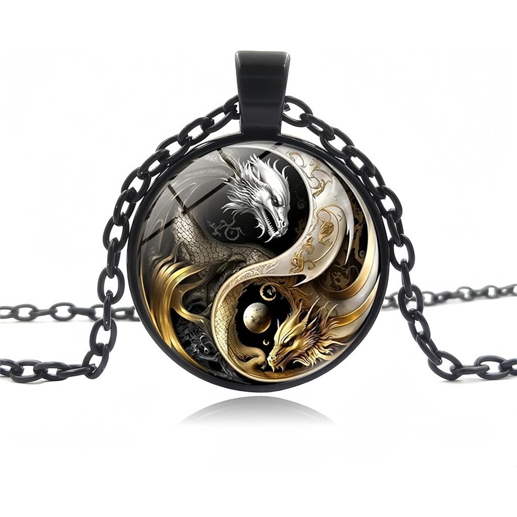 Colar yin-yang, corrente de aço preto, pingente de joias antigas ...