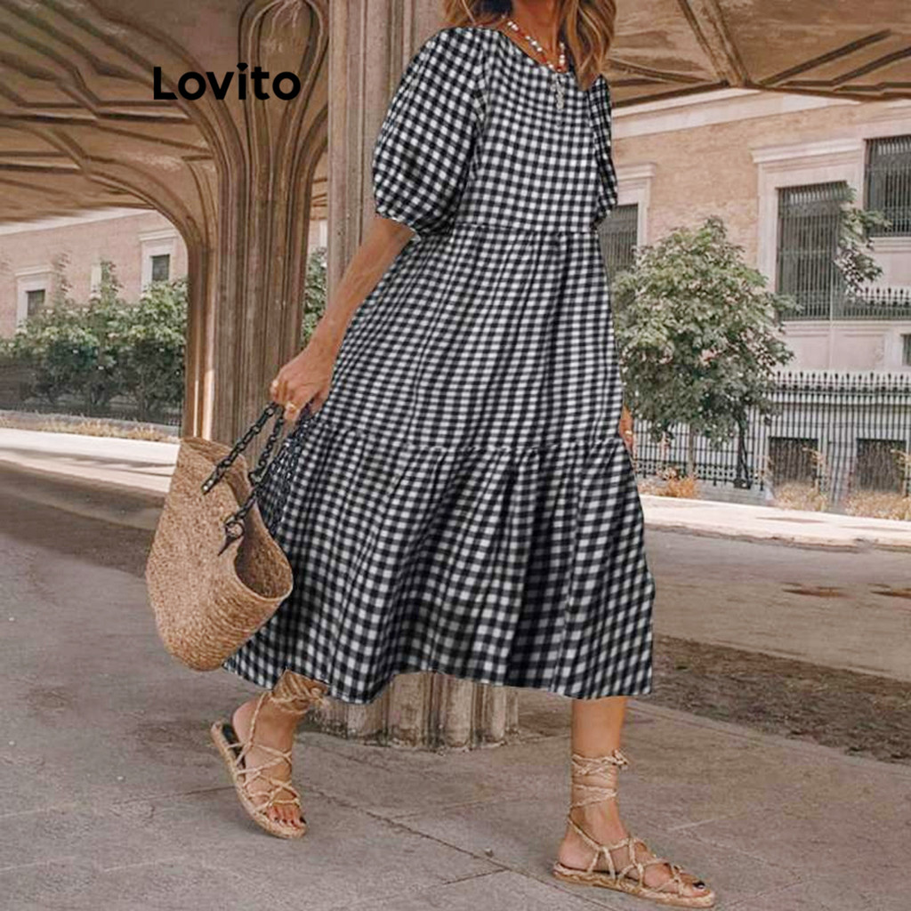 Lovito Vestido casual xadrez colorblock em camadas para mulheres ...