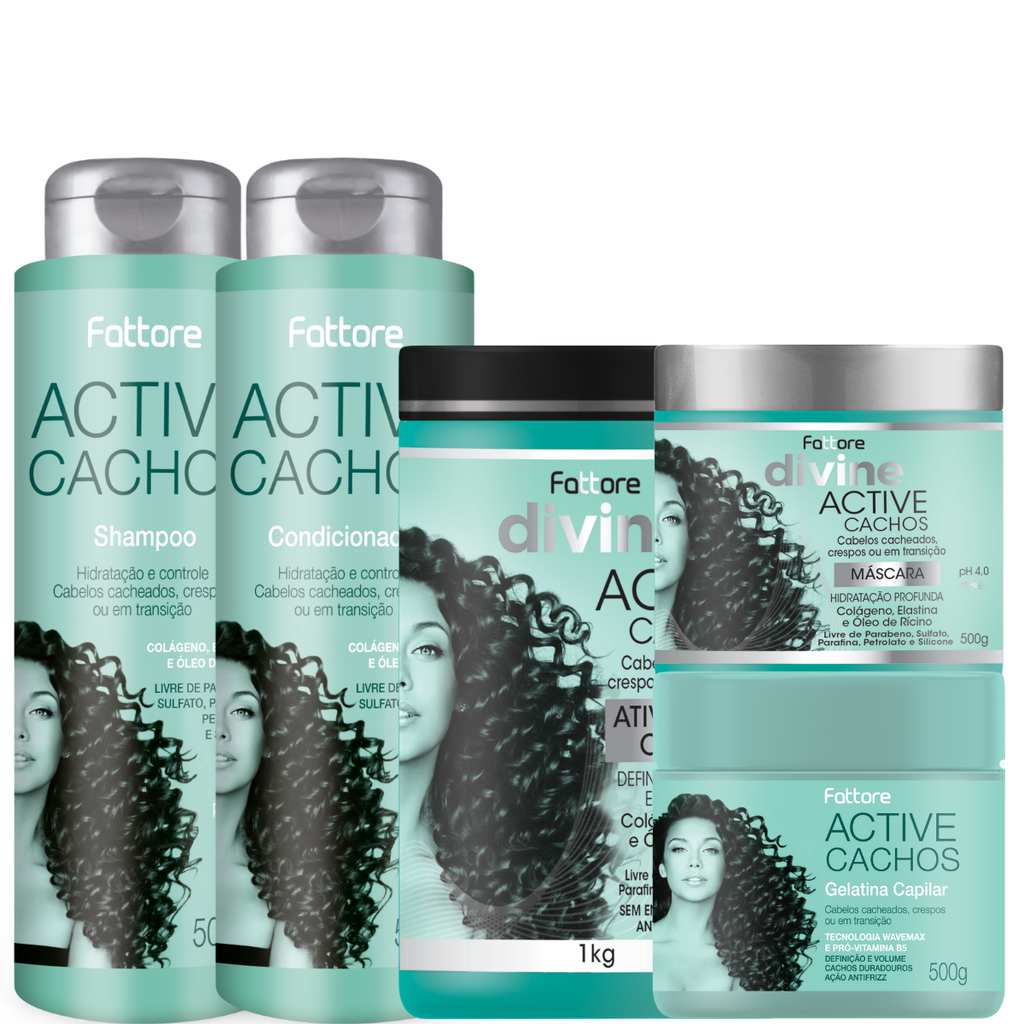 Kit Shampoo, Condicionador, Máscara, Gelatina e Ativador de Cachos Divine Active Cachos Fattore ...