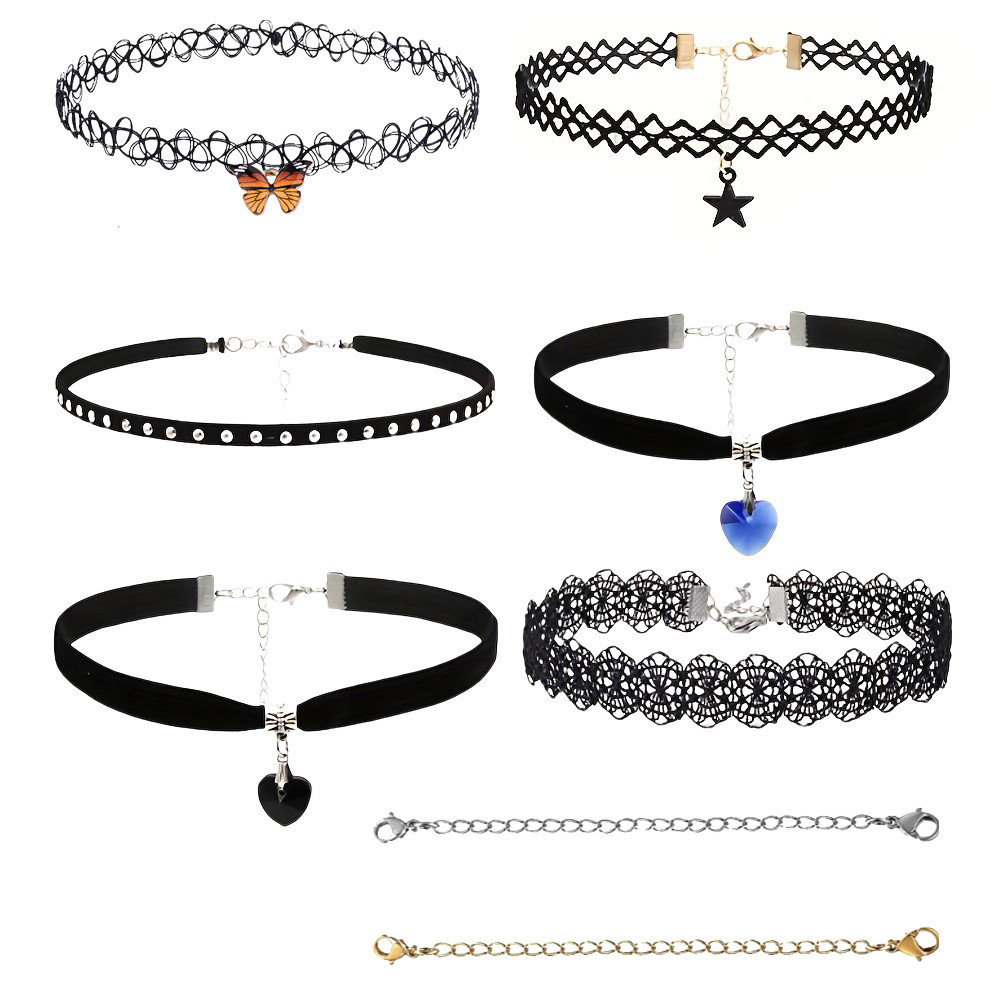 Conjunto de 8 peças Colar de Moda Retro Gótico Colar Preto Halloween ...