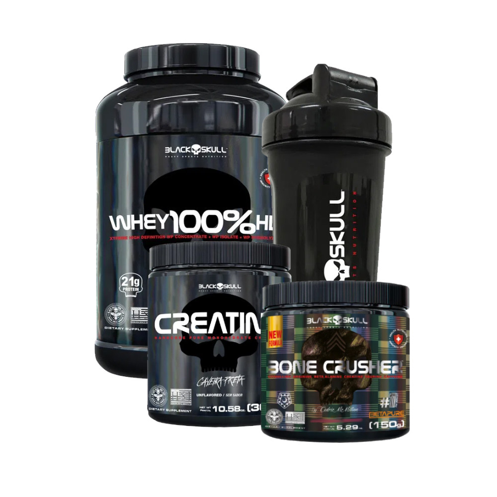 Combo Whey Protein 100% HD Creatina Pura 300g Pré Treino Bone Crusher ...