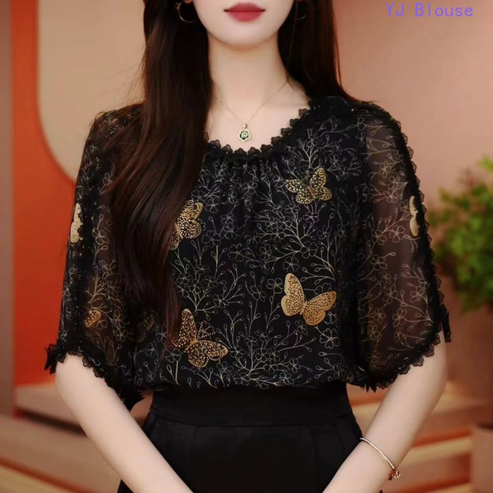 Blusa de Chiffon com Borboleta para Mulheres Plus Size, Estilo Coreano ...