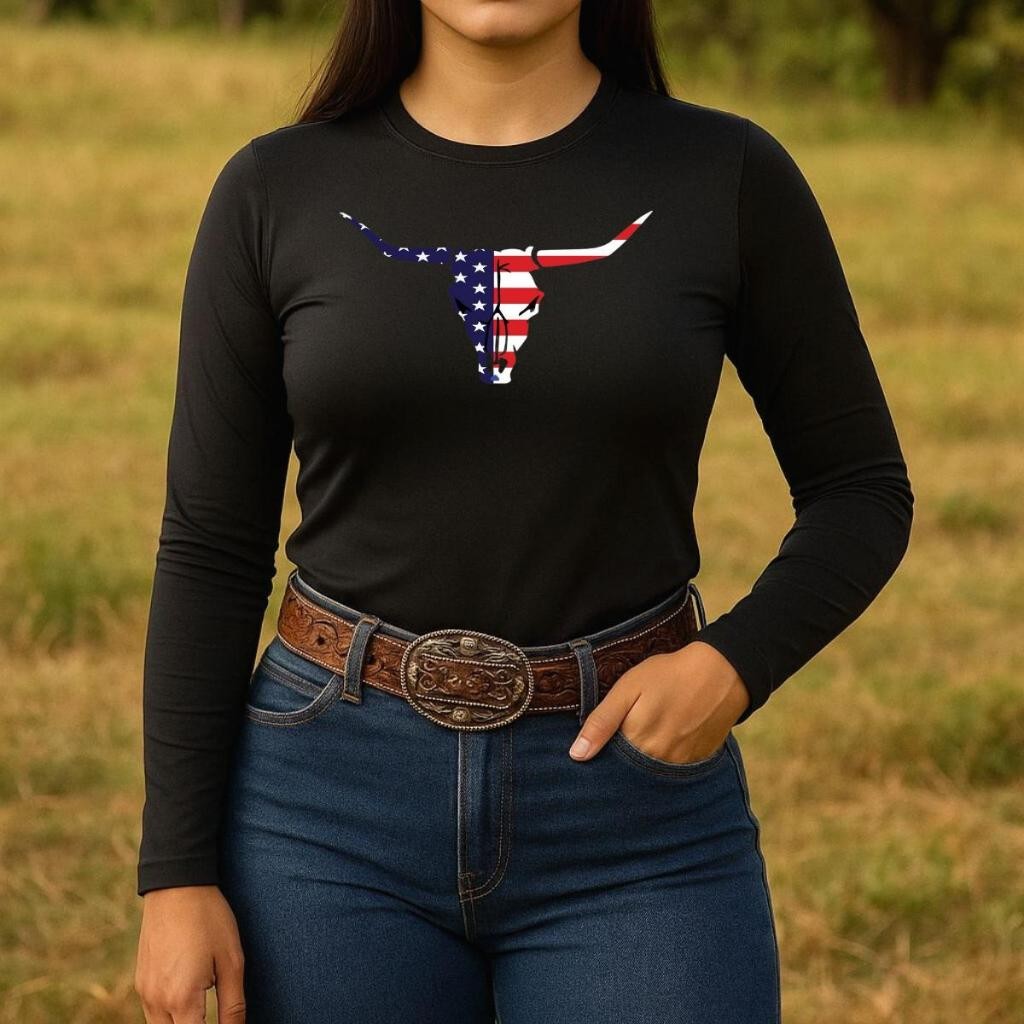Camisa UV Feminina Country Boi Estados Unidos Manga Longa Proteção ...