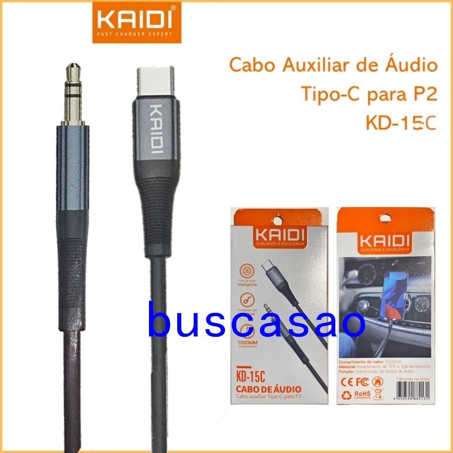 Cabo Auxiliar de Áudio Tipo-C para P2 KAIDI KD-15C1 | Shopee Brasil