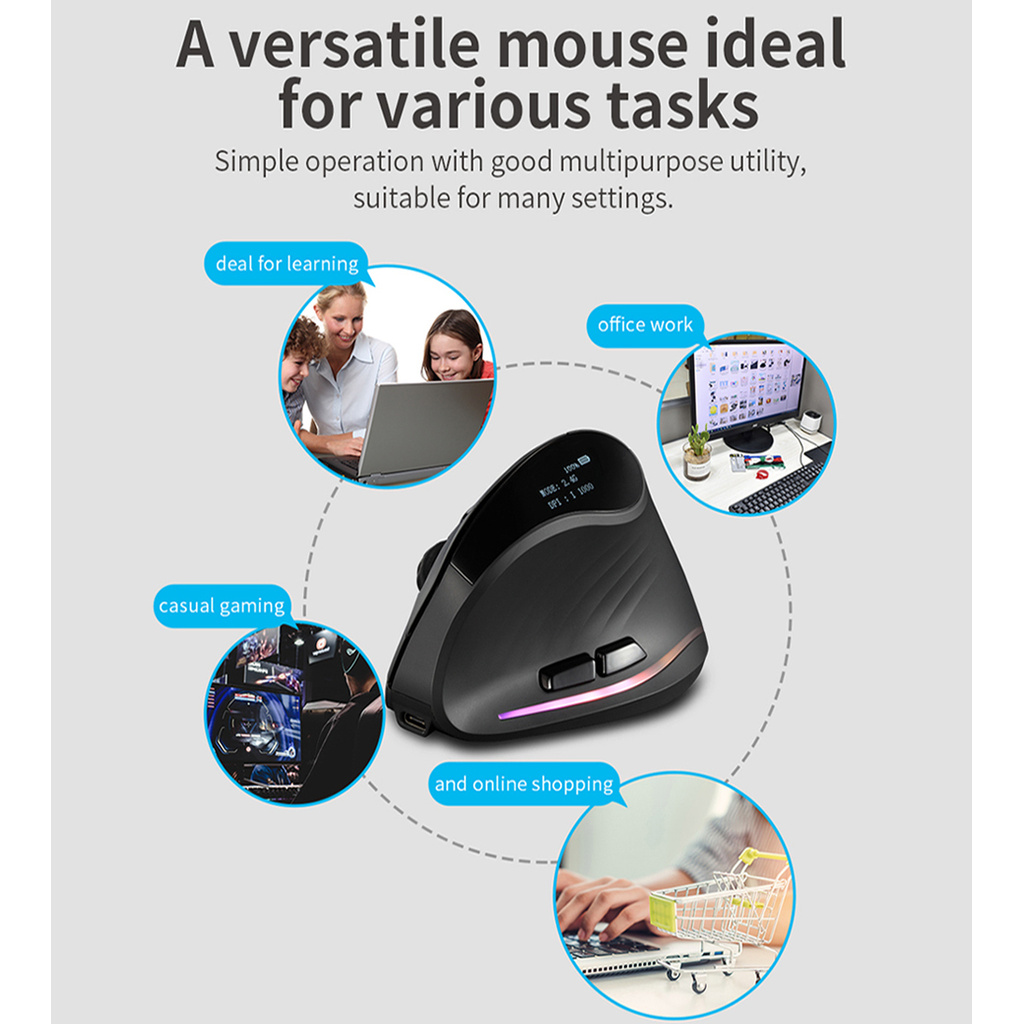 Mouse Ergonômico 2.4G Tri-Modo Recarregável Sem Fio Vertical Silencioso ...