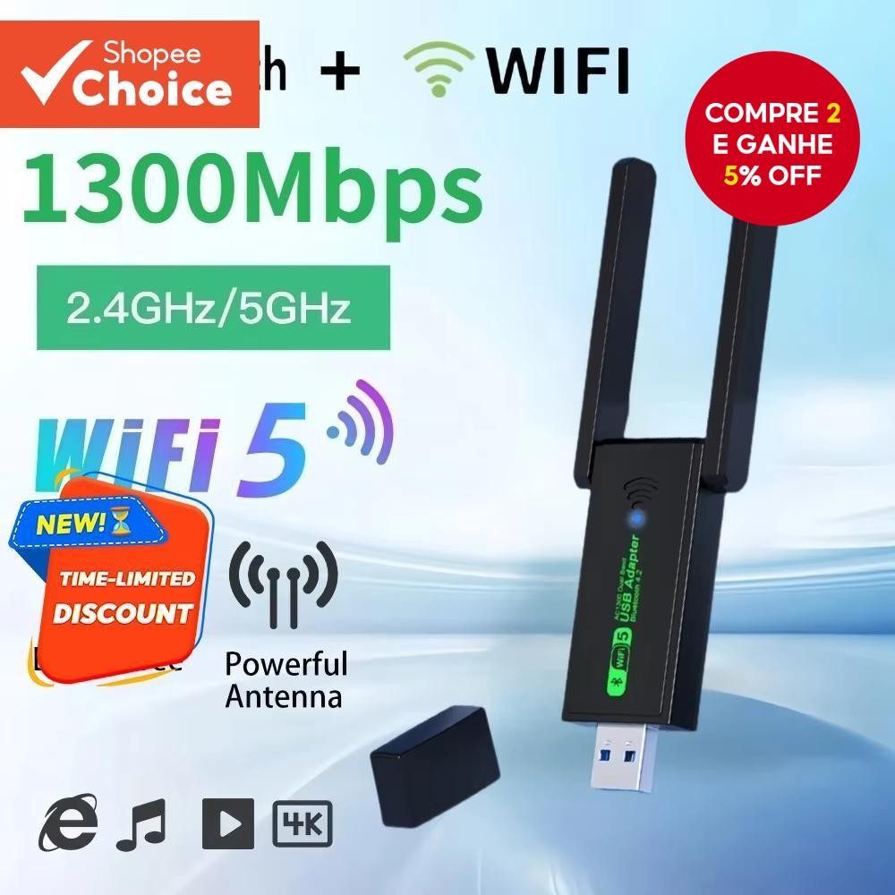 Adaptador USB 3.0 WiFi Bluetooth 1300Mbps 2.4G 5GHz Dual Band Mini Placa De Rede Sem Fio Para ...