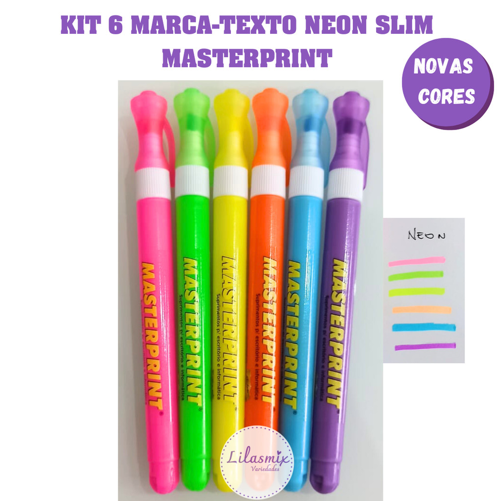 Kit de 6 Canetas Marca Texto Neon Slim Masterprint Diversas Cores ...