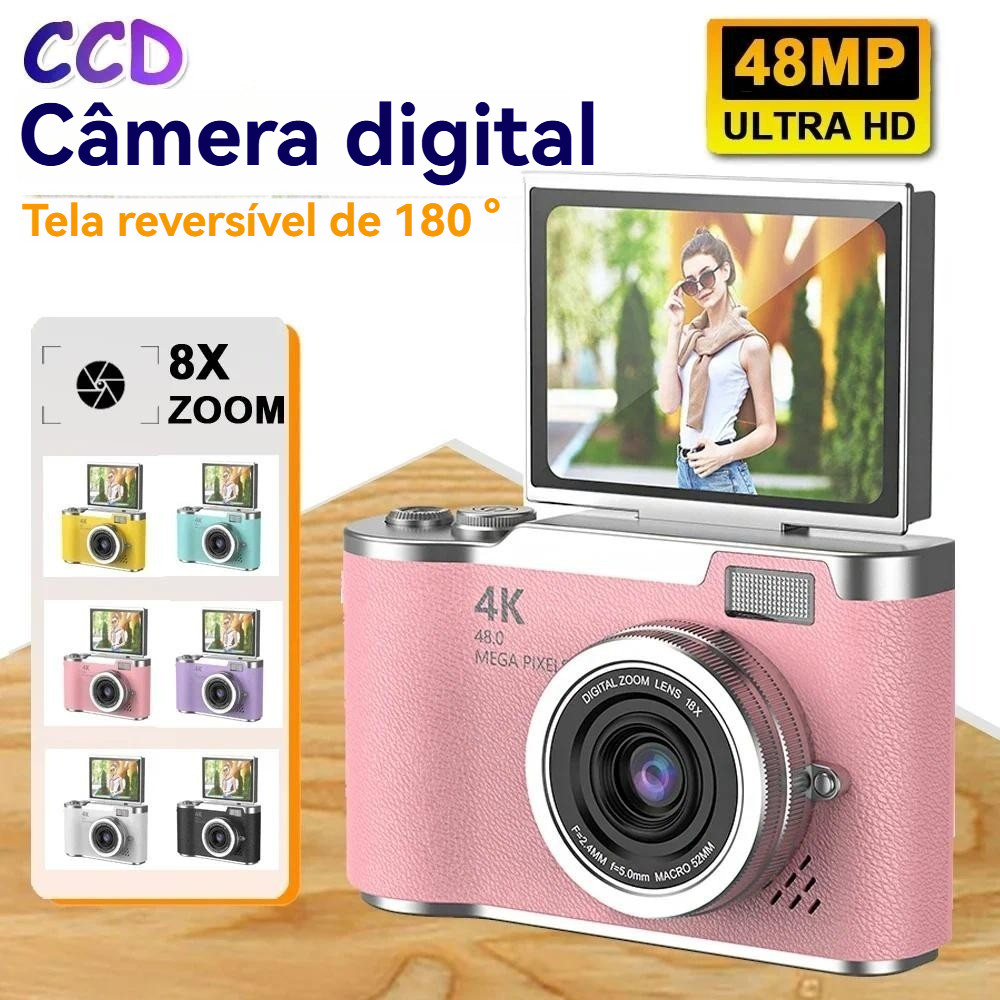 Câmera Digital Com Zoom 4K CCD 8X Para Estudante Fotográfica Compacta ...