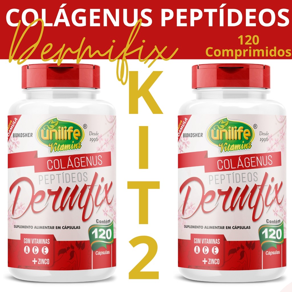 Kit 2 Colageno Dermfix 450mg Hidrolisados Peptídeos 120 Comprimidos ...