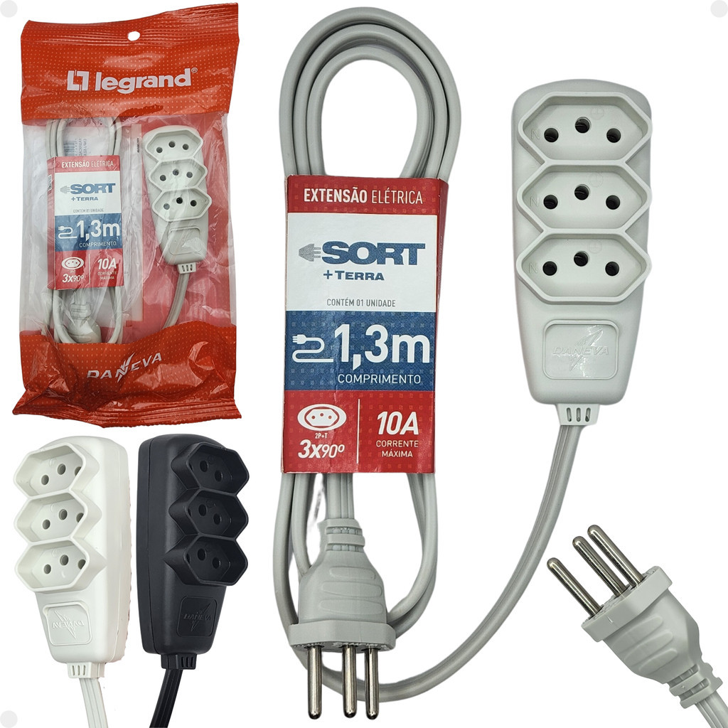 EXTENSÃO ELÉTRICA 1,3 METROS BIVOLT DANEVA TRIPOLAR SORT 2P+T PP 10A PRETO OU BRANCO | Shopee Brasil