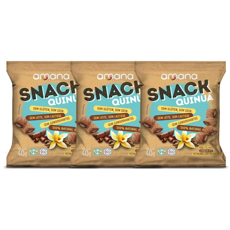 Kit 3 Snacks de Quinua e Chocolate com Recheio de Baunilha SG Amana 40g ...