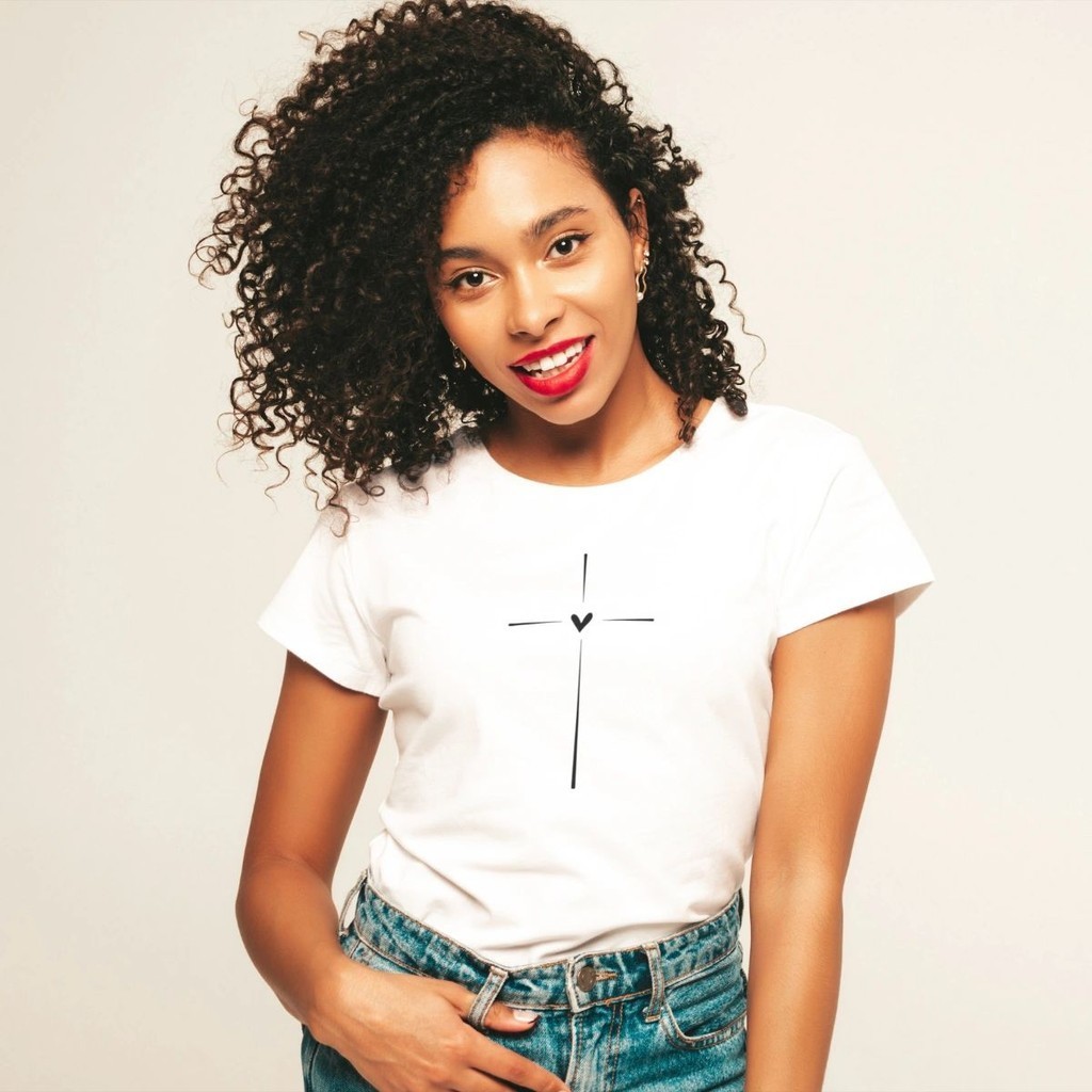 Camisa Feminina Baby Look Cross With Heart | Shopee Brasil