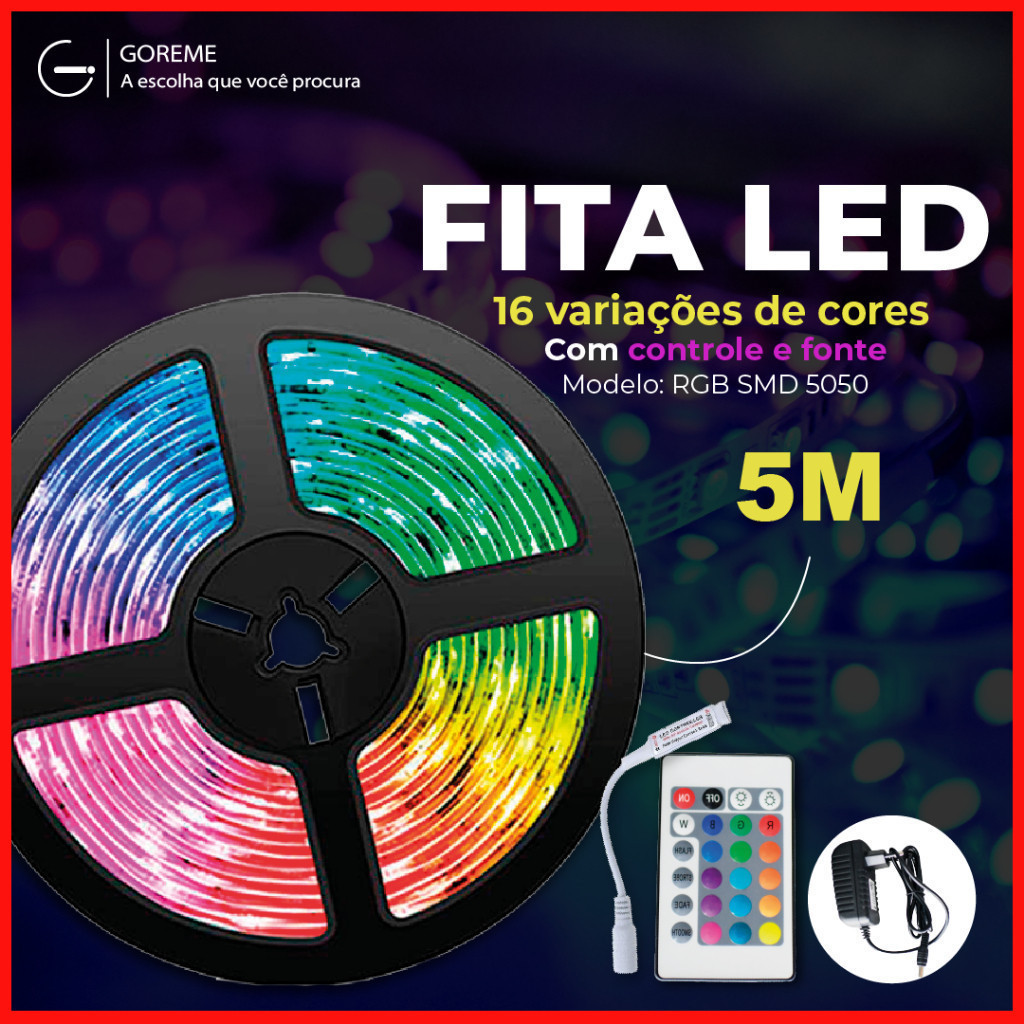 Fita LED 5050 Super Led Ultra RGB 5M 12v 300 Leds | Fita + Controle ...