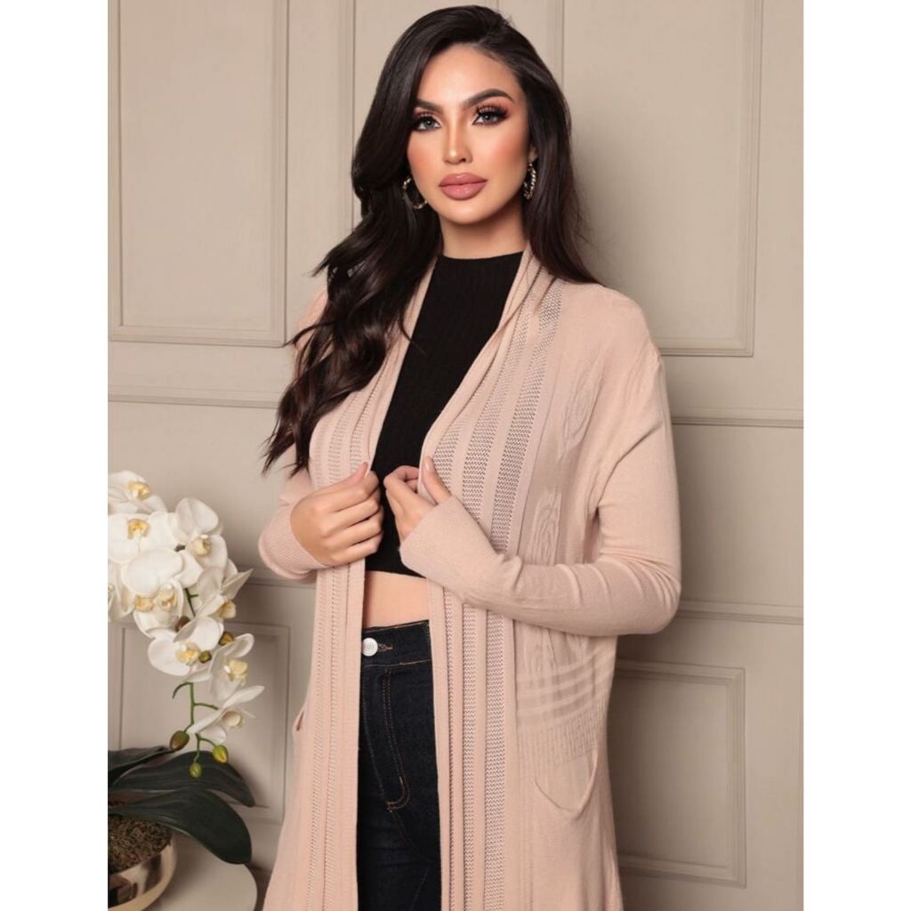 ELICA MODAS Cardigan Feminino Longo Com Bolsoz Trico Tricot BASICO MODA ...