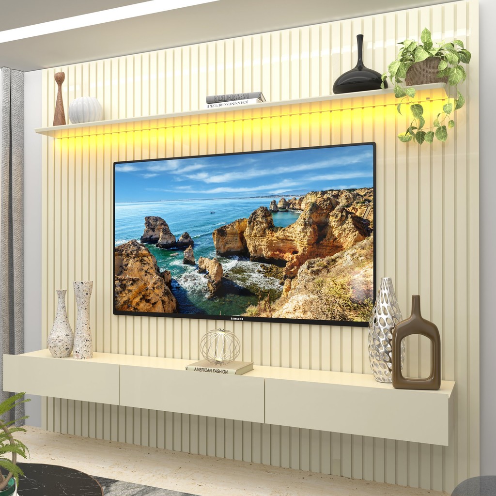 Painel para TV até 90 Polegadas 228x250cm Ripado com LED 3 Gavetas 100% ...