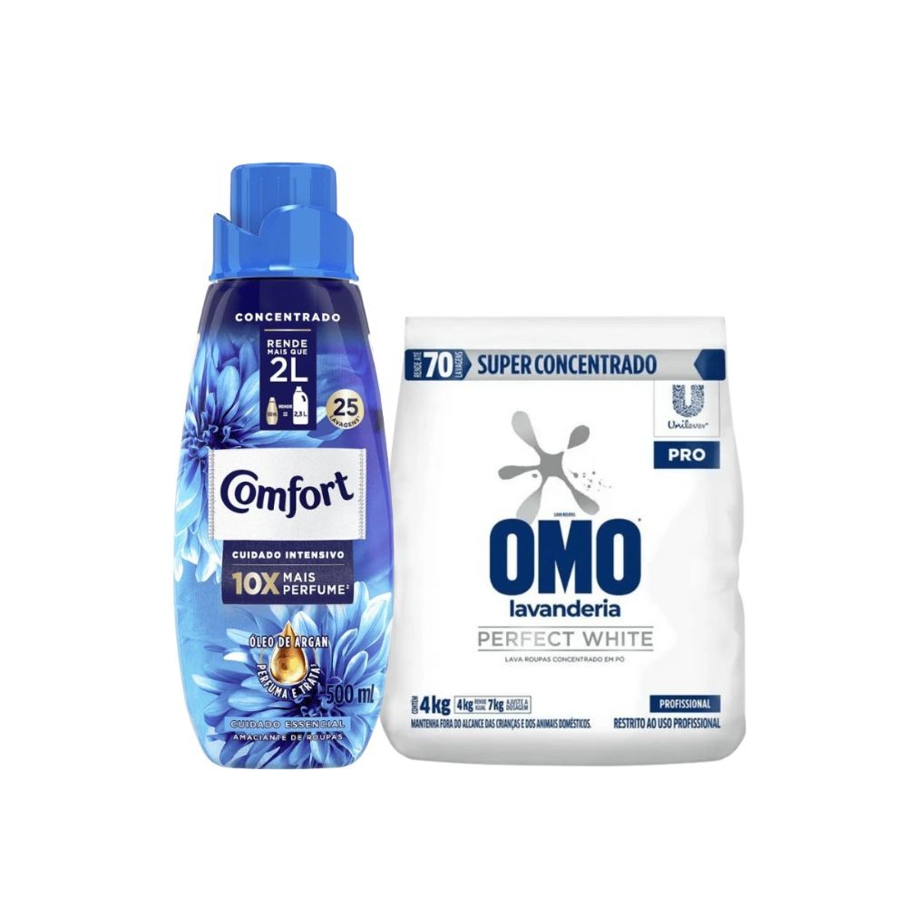 Amaciante Comfort Óleo de Argan 500ml + Sabão em Pó OMO Perfect White ...