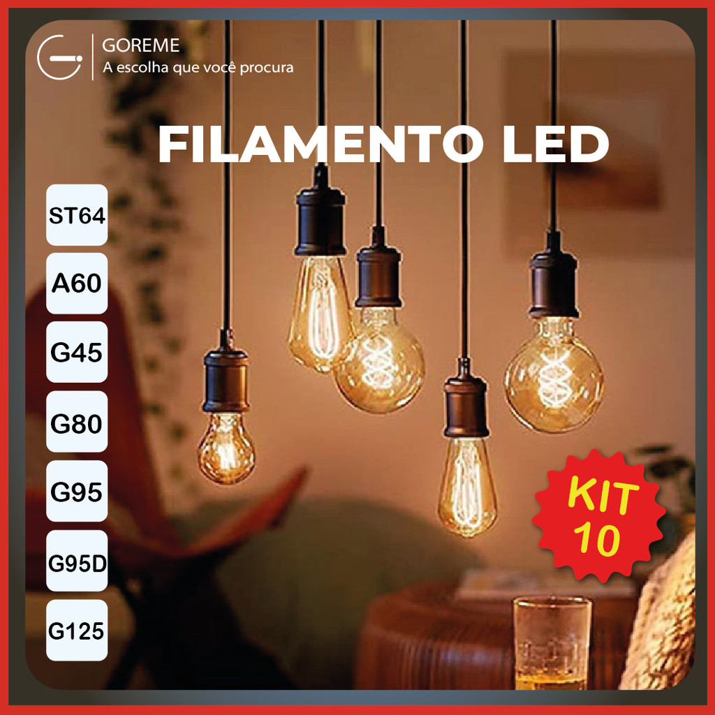 Kit 10 Lâmpada Filamento LED E27 Luz Quente 4W (AMARELO) Âmbar Retrô ...