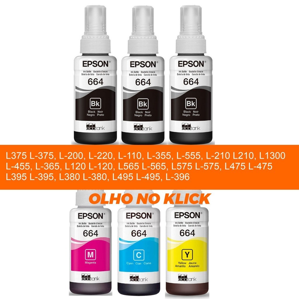 Kit 6 Tintas Originais Epson 664 P/ L355 L365 L375 L395 L495 B Y C M ...