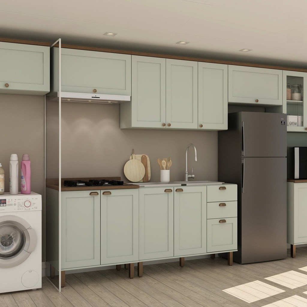 Cozinha Modulada Completa com Aérea de Serviço Integrada 100% Mdf Verde ...