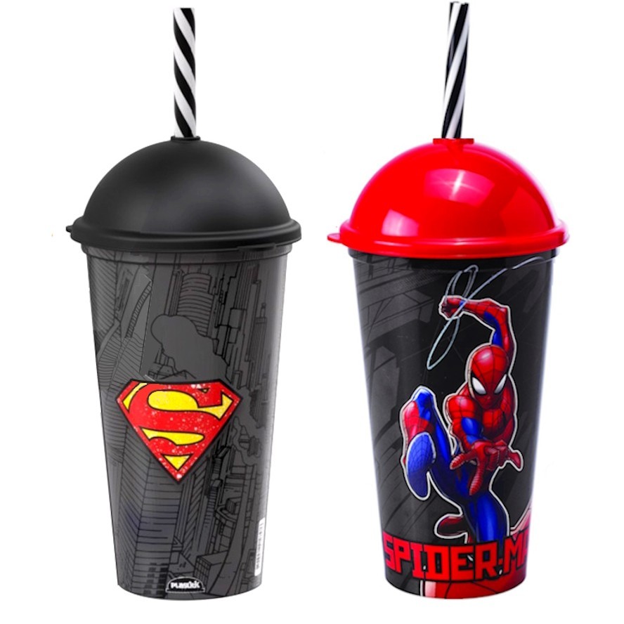 Copo Shake com Canudo Infantil Spider Man e SuperMan Comics e Marvel ...
