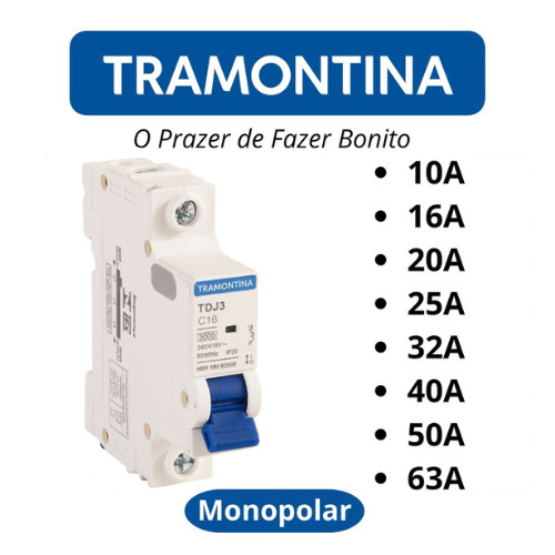Disjuntor Unipolar Monopolar Curva C - Tramontina - 10A/16A /20A/25A/32A/40A/50A/63A | Shopee Brasil