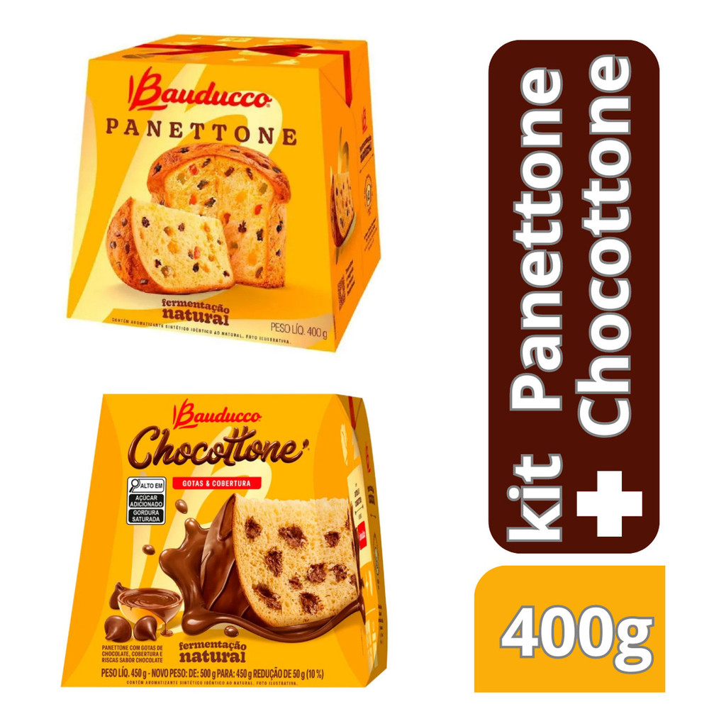 Kit Chocotone 450g Gotas Chocolate Mais Panetone 400g Frutas Bauducco ...