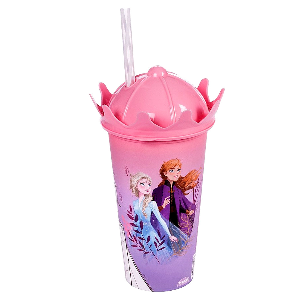 Copo Shake 500ml Frozen Anna e Elsa Princesas Tampa de Coroa com Canudo ...