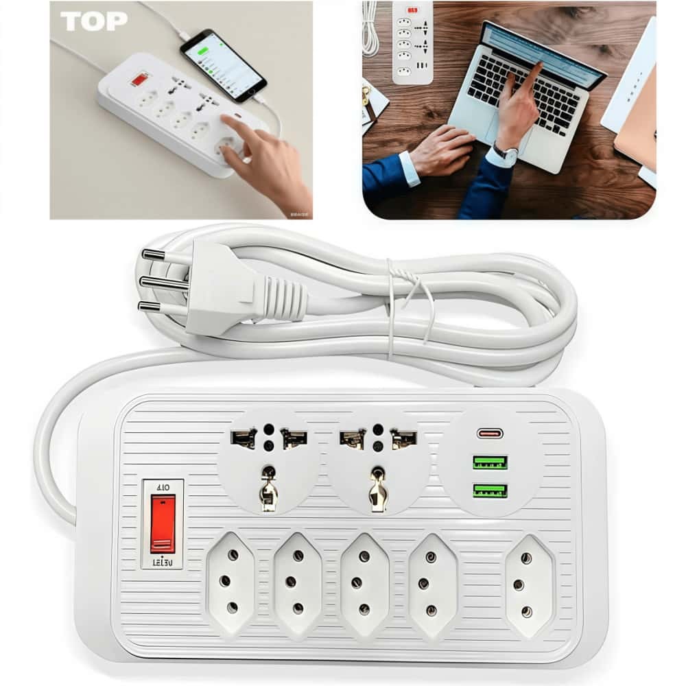 Extensão Elétrica de 5m, 10A - Equipada com 5 Tomadas: 2 Universais, 2 Tipo-C | Bivolt (110V ...